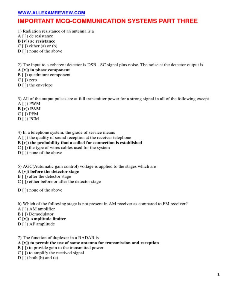 Important Mcq-Communication Systems Part Three - WWW - Allexamreview.com | PDF | Frequency ...