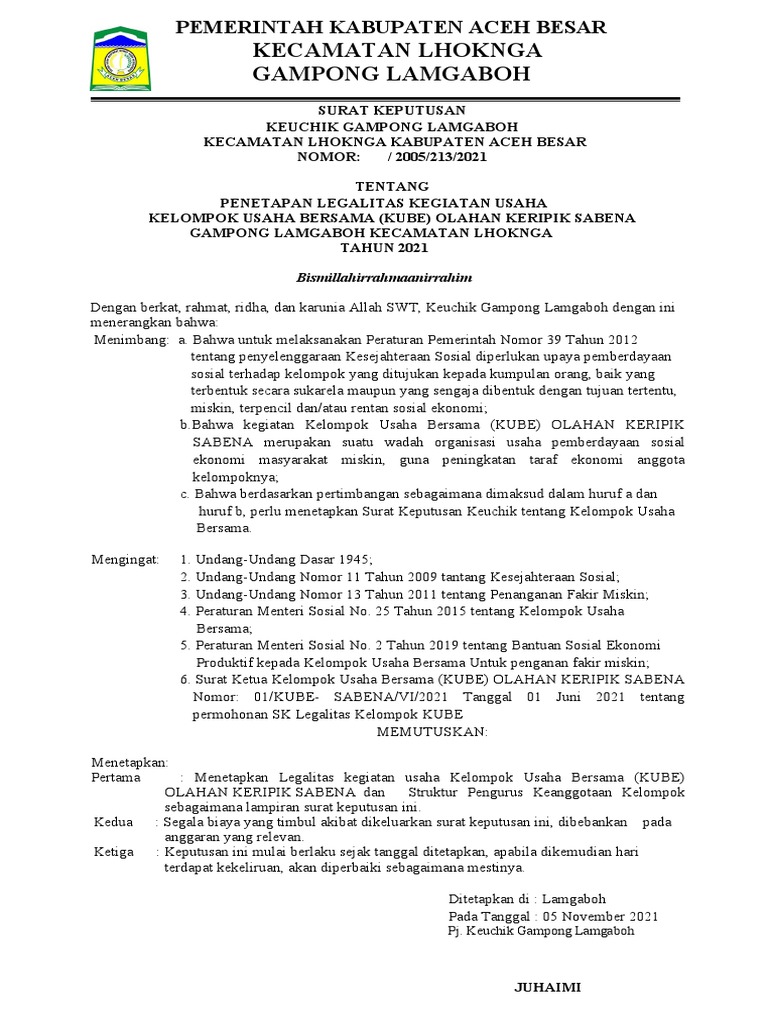 SK Kelompok Usaha Bersama (Kube) Sabena | PDF