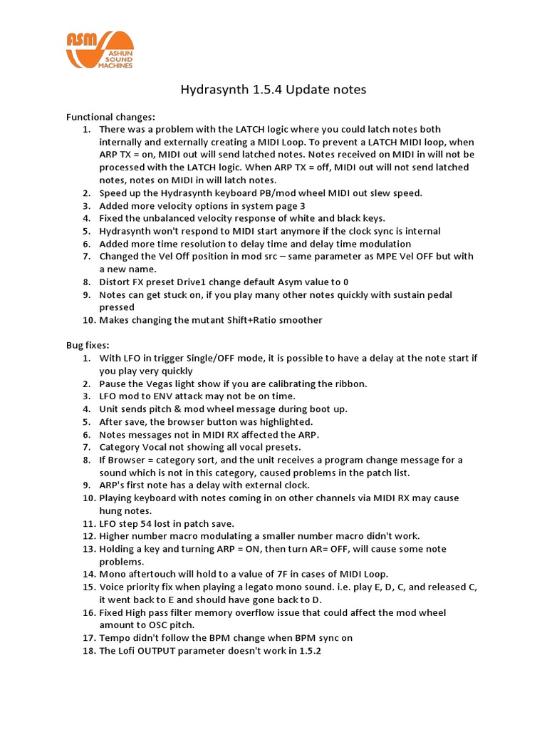 Hydrasynth KB DR Update Notes 1.5.4 | PDF | Synthesizer | Electronic Music