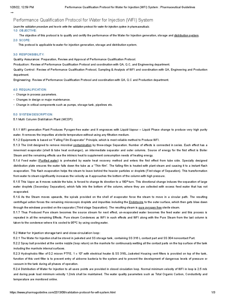 Performance Qualification Protocol For Water For Injection (WFI) System ...