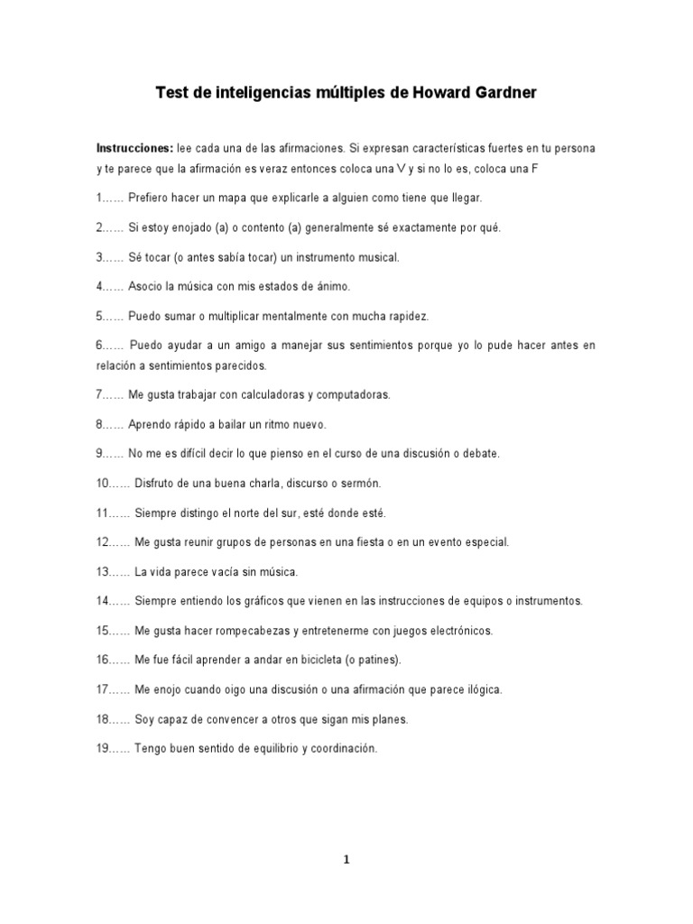 Test de Inteligencias Múltiples de Gardner | PDF | Inteligencia | Cognición