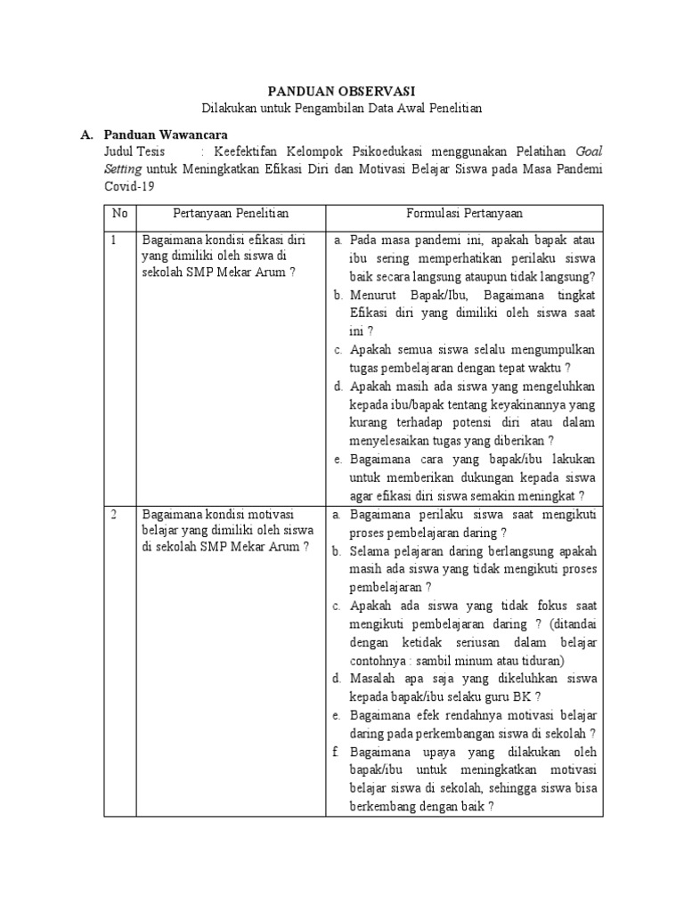 Contoh Panduan Observasi | PDF