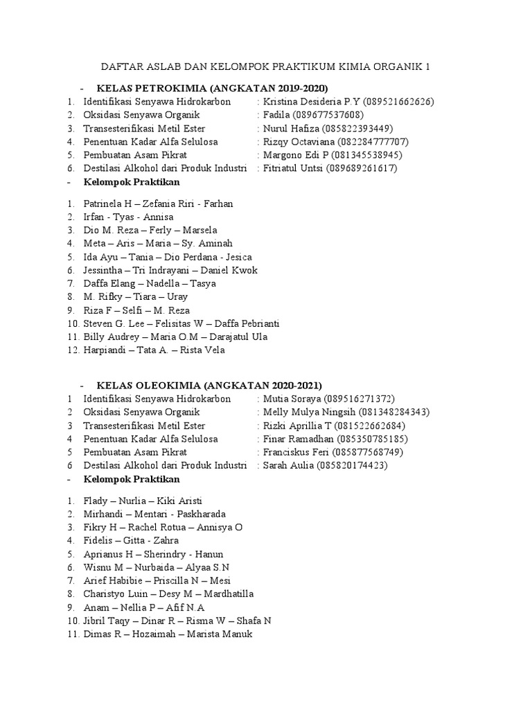 Daftar Aslab Dan Kelompok Praktikum Kimor | PDF
