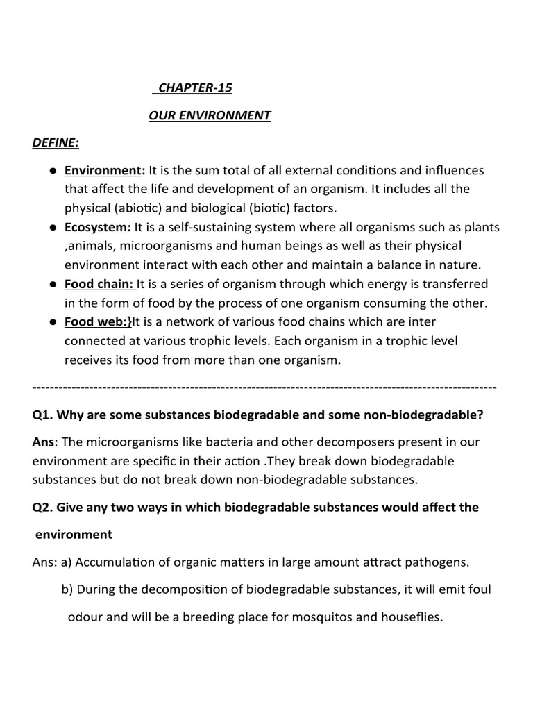 Chapter-15 Our Environment: Define | PDF | Food Web | Ecosystem