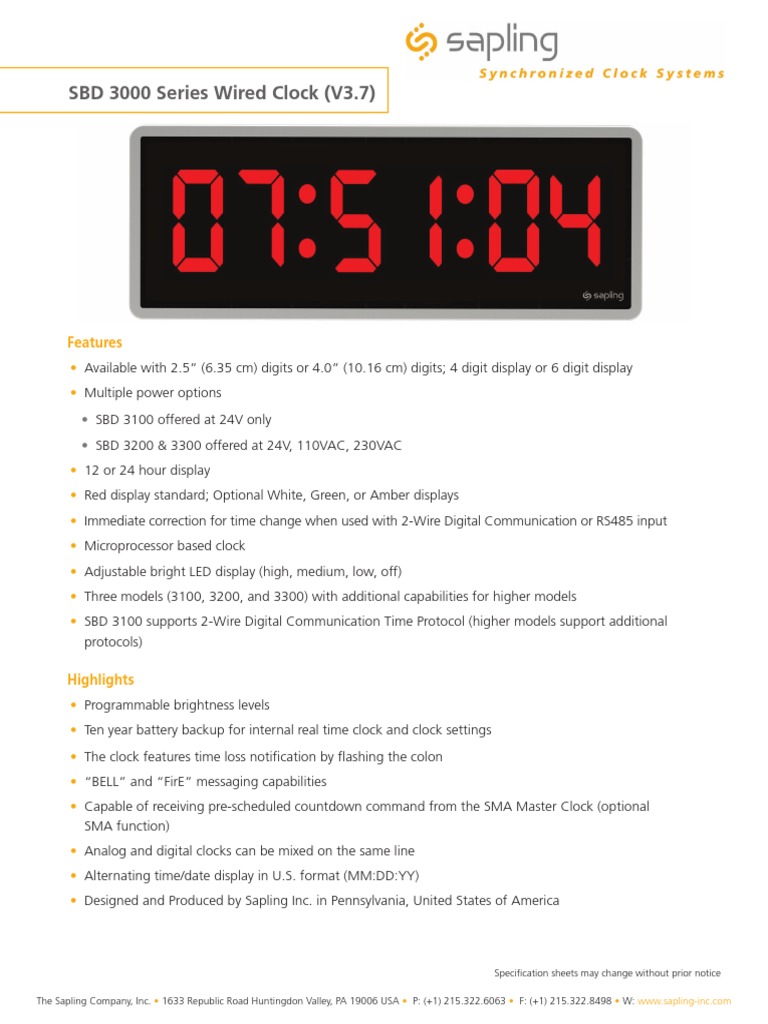 SBD 3000 Series Wired Clock (V3.7) : Features | PDF | Clock | Electricity