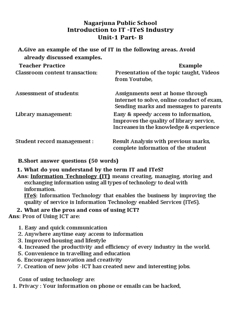 Introduction To It - Ites Industry Unit-1 Part-B: Nagarjuna Public ...