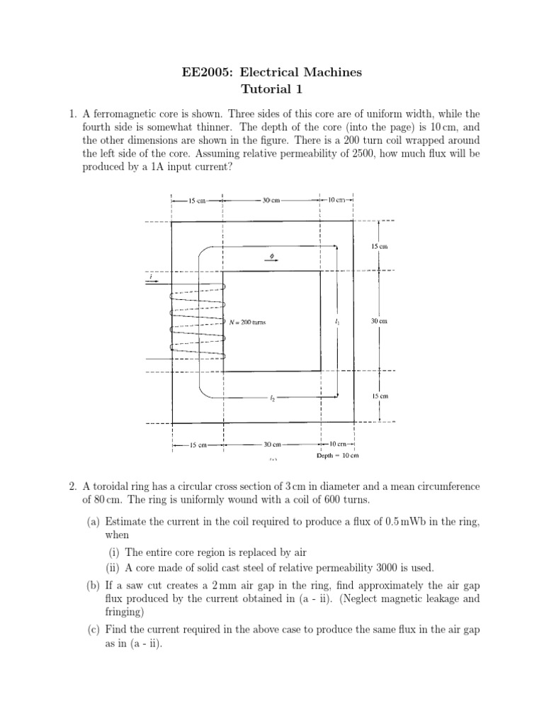 EE2005: Electrical Machines Tutorial 1 | PDF | Inductor | Equipment