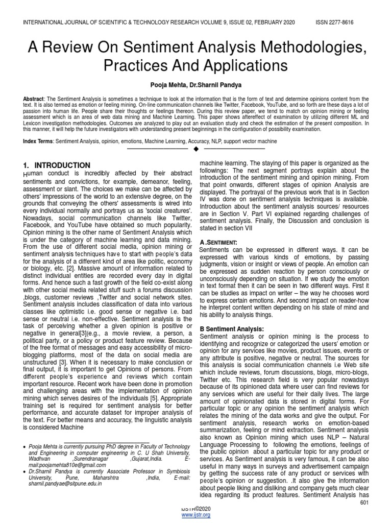 A Review On Sentiment Analysis Methodologies Practices and Applications | PDF | Statistical ...