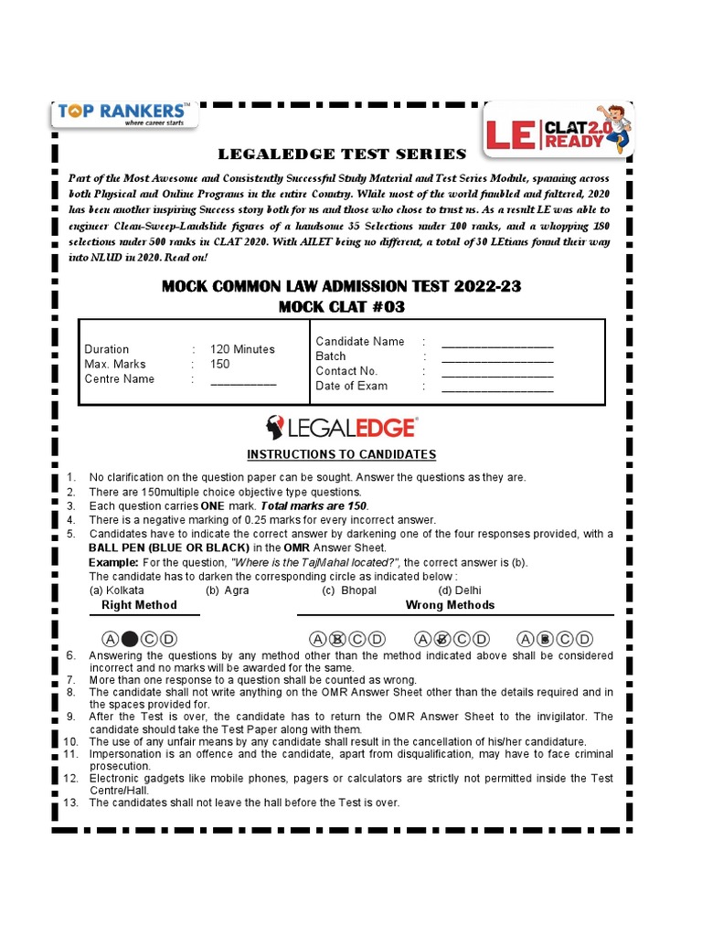 Legaledge Test Series: Mock Common Law Admission Test 2022-23 Mock Clat ...