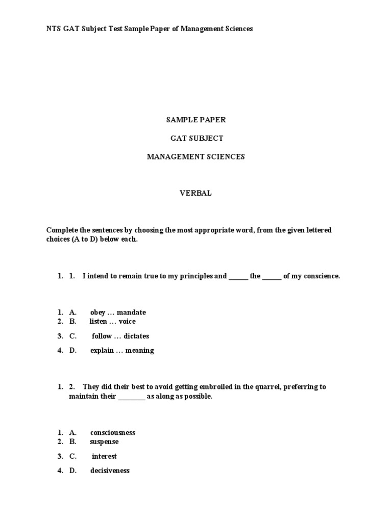 NTS GAT Subject Test Sample Paper of Management Sciences | PDF | Profit ...