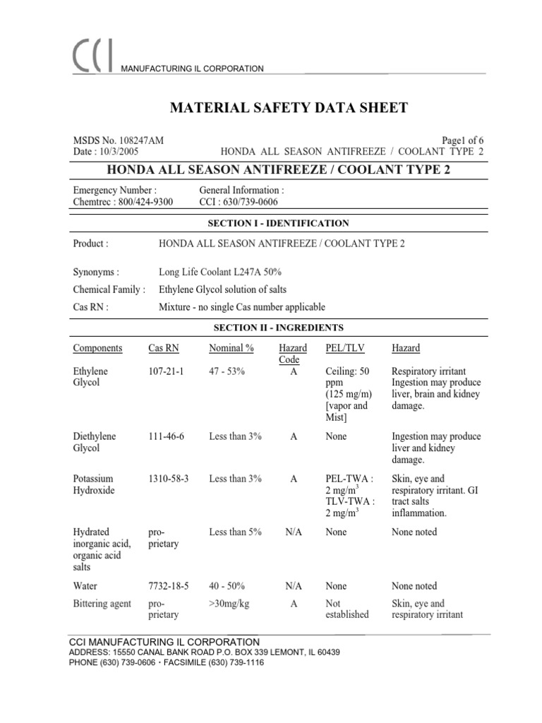 Material Safety Data Sheet: Honda All Season Antifreeze / Coolant Type ...