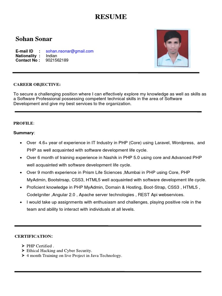 Sohan Sonar: PHP Developer Resume | PDF | Web Application | Ajax ...