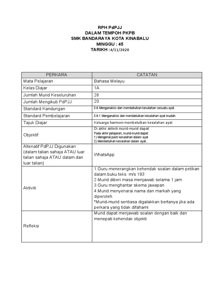 RPH PDPR Tingkatan 1 | PDF