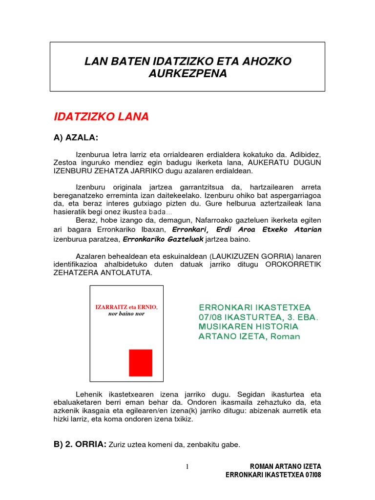 ARTANO IZETA Roman Lan Baten Idatzizko Eta Ahozko Aurkezpena | PDF