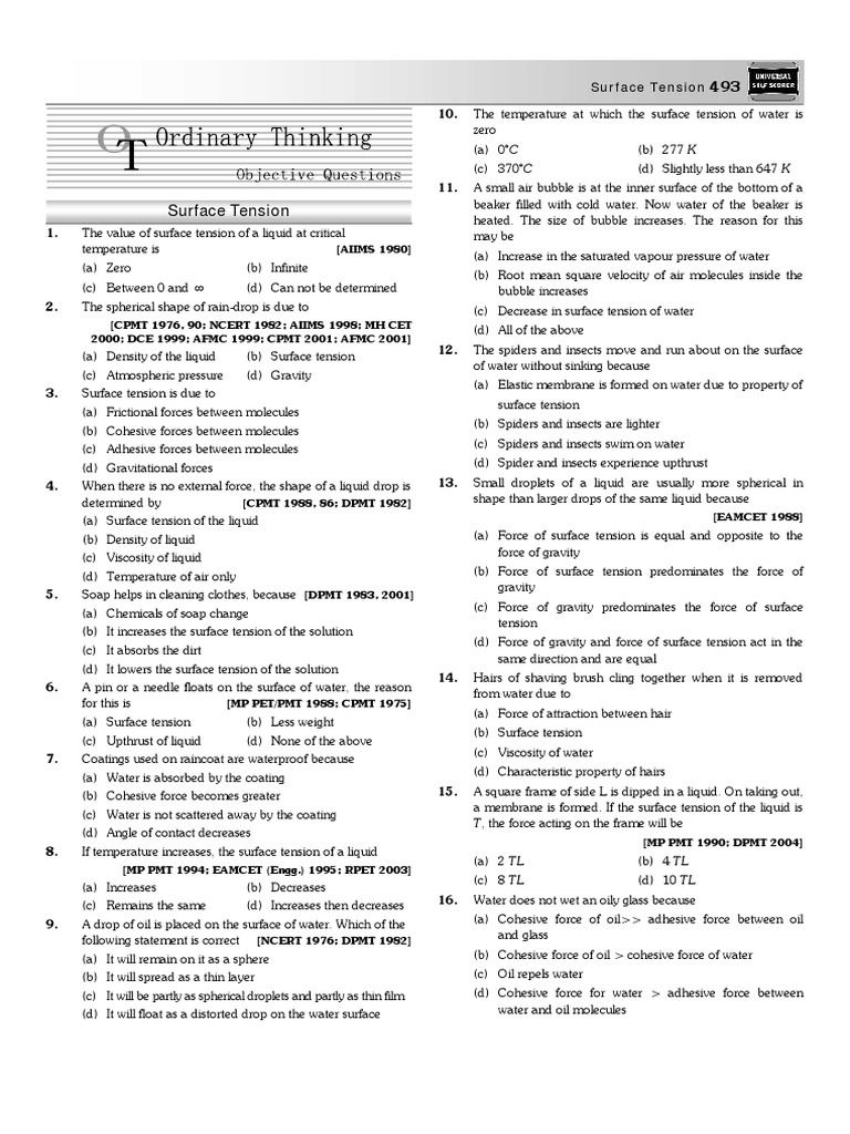 Surface Tension Questions | PDF | Surface Tension | Drop (Liquid)