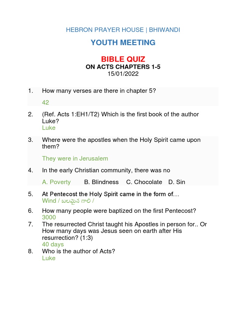 Bible Quiz Acts 1-5 - Hebron Prayer House Bhiwandi | PDF | Acts Of The ...