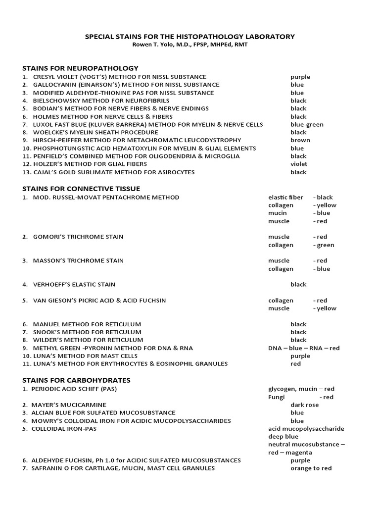 Special Stains For Histopathology Laboratory Pdf Staining Histology