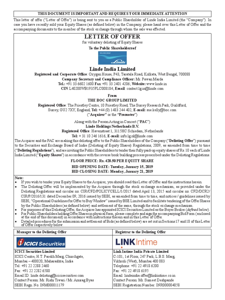 Linde India Limited - Delisting Letter of Offer - 140120191028 | PDF ...