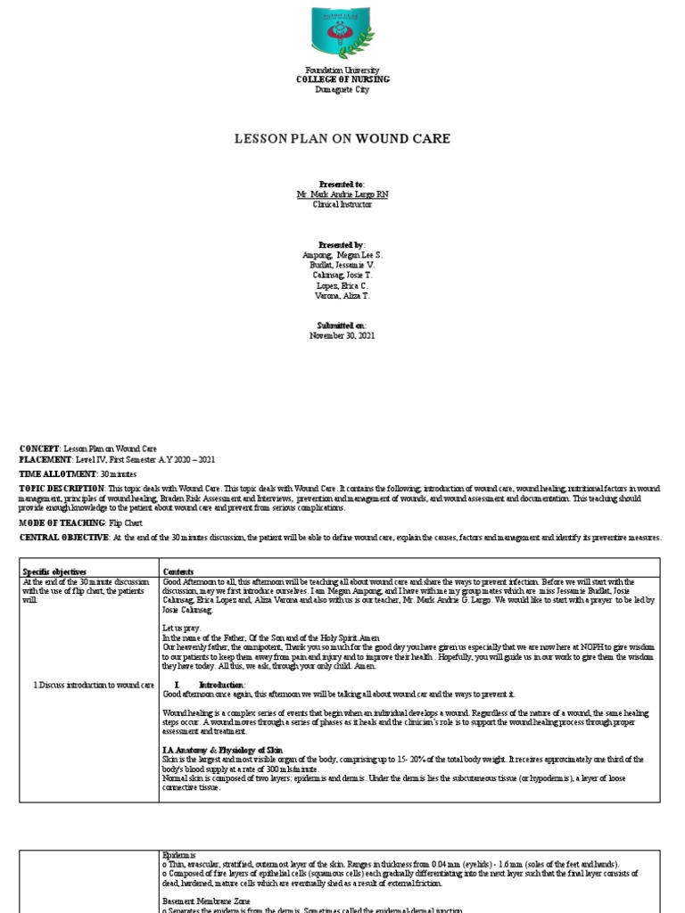 Lesson Plan On Wound Care - With Comments | PDF | Skin | Epidermis
