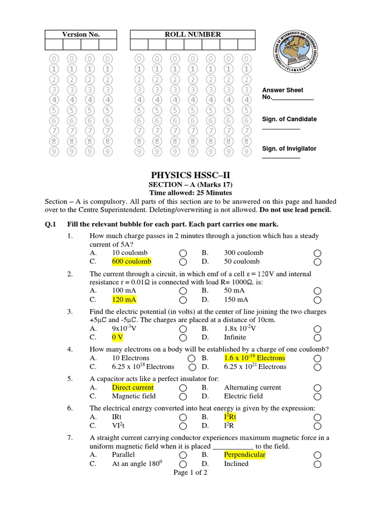 Physics HSSC-II Solution | PDF | Inductor | Inductance