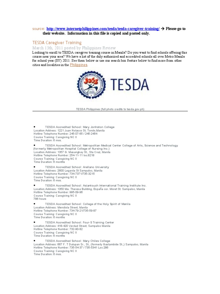 TESDA Caregiver Training Accredited Schools | PDF | Makati | Metro Manila