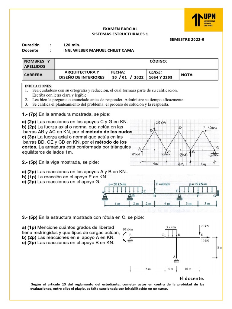 Examen Parcial Sistemas Estructurales 1 Dom 30 Enero 2022-0 Upn Comas | PDF