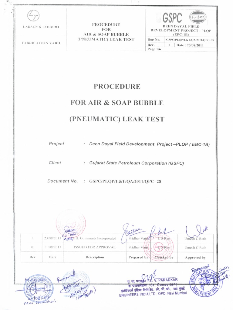 Procedure For Air & Soap Bubble (Pneumatic) Leak Test | PDF