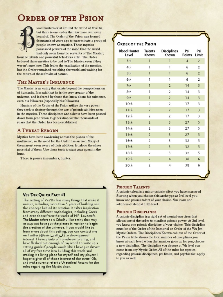 Blood Hunter - Order of The Psion | PDF