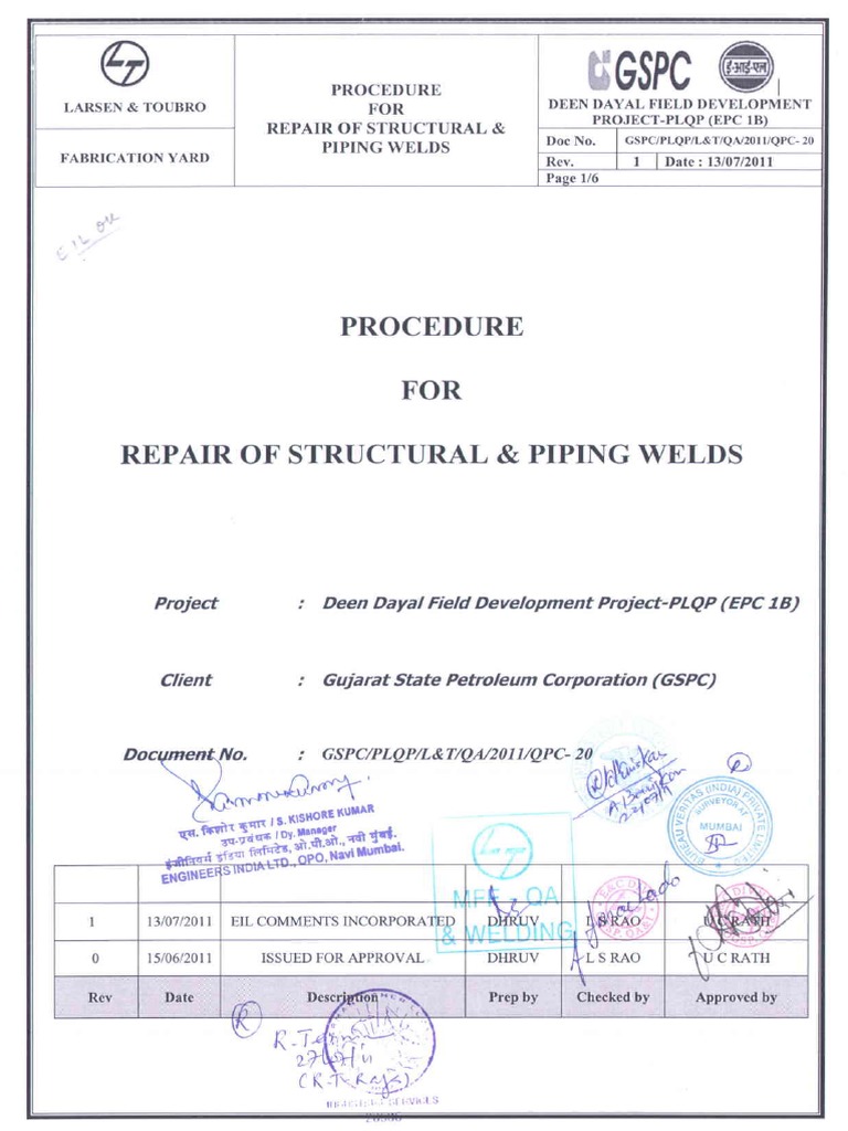 Procedure For Repair of Structural & Piping Welds | PDF