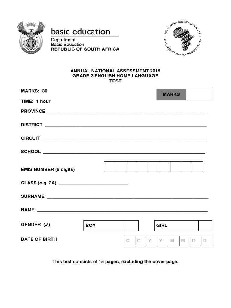 Grade 2 English Assessment 2015 | PDF | Toothbrush | English Language