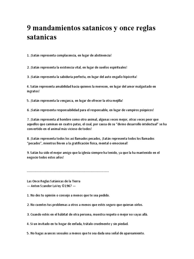9 Mandamientos Satanicos Y Once Reglas Satanicas Pdf El Esoterismo