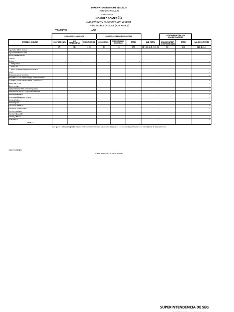 Modelo Formularios Reaseguros RC-1 y RC-2 | PDF | Reaseguro | Industrias de servicio