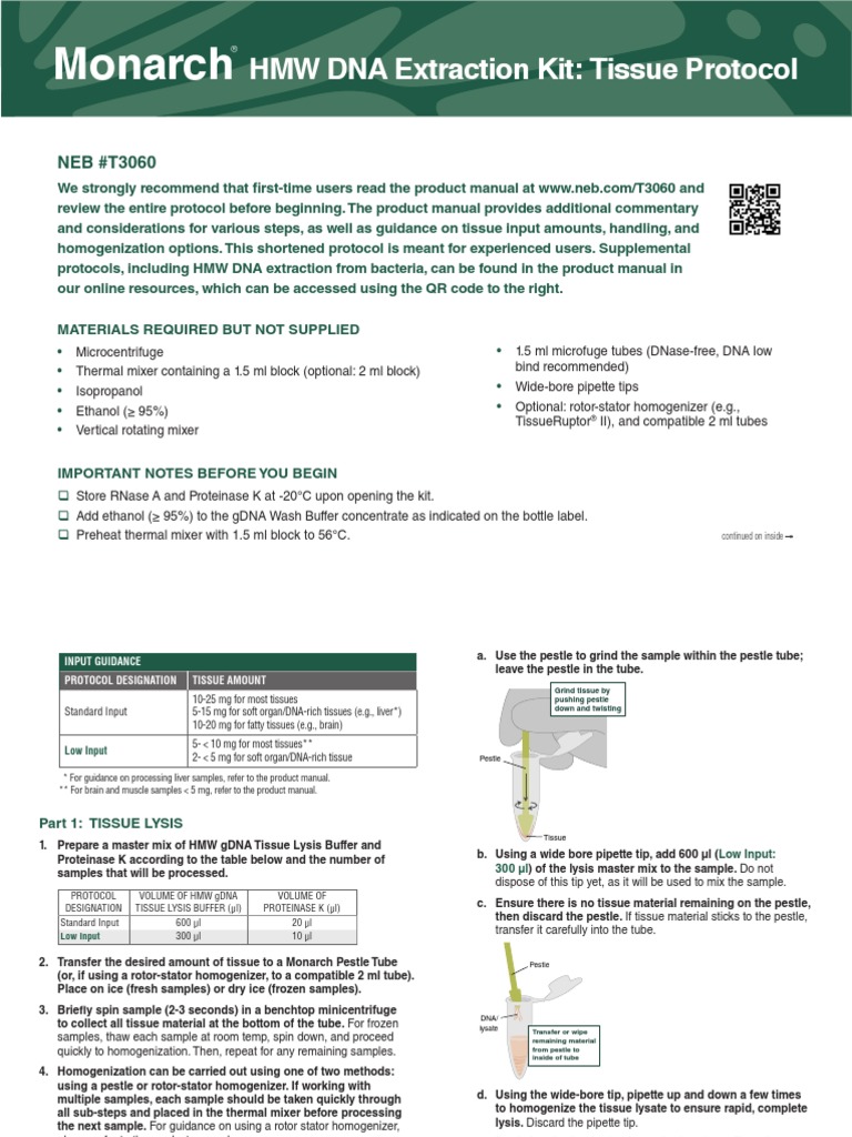 Monarch: HMW DNA Extraction Kit: Tissue Protocol | PDF | Chemistry ...