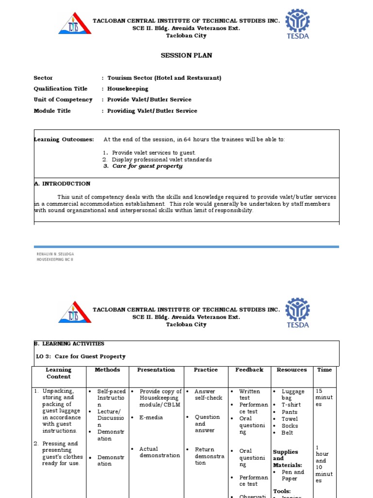 Session Plan: Renalyn N. Selloga Housekeeping NC Ii | PDF | Clothing