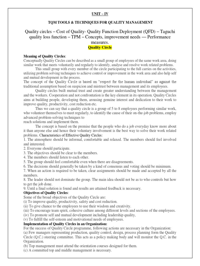 Quality Circles - Cost of Quality-Quality Function Deployment (QFD ...