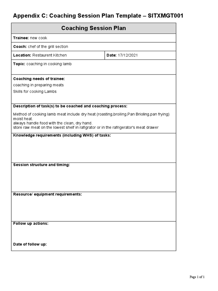 Cooking Coaching Session Plan Template | PDF