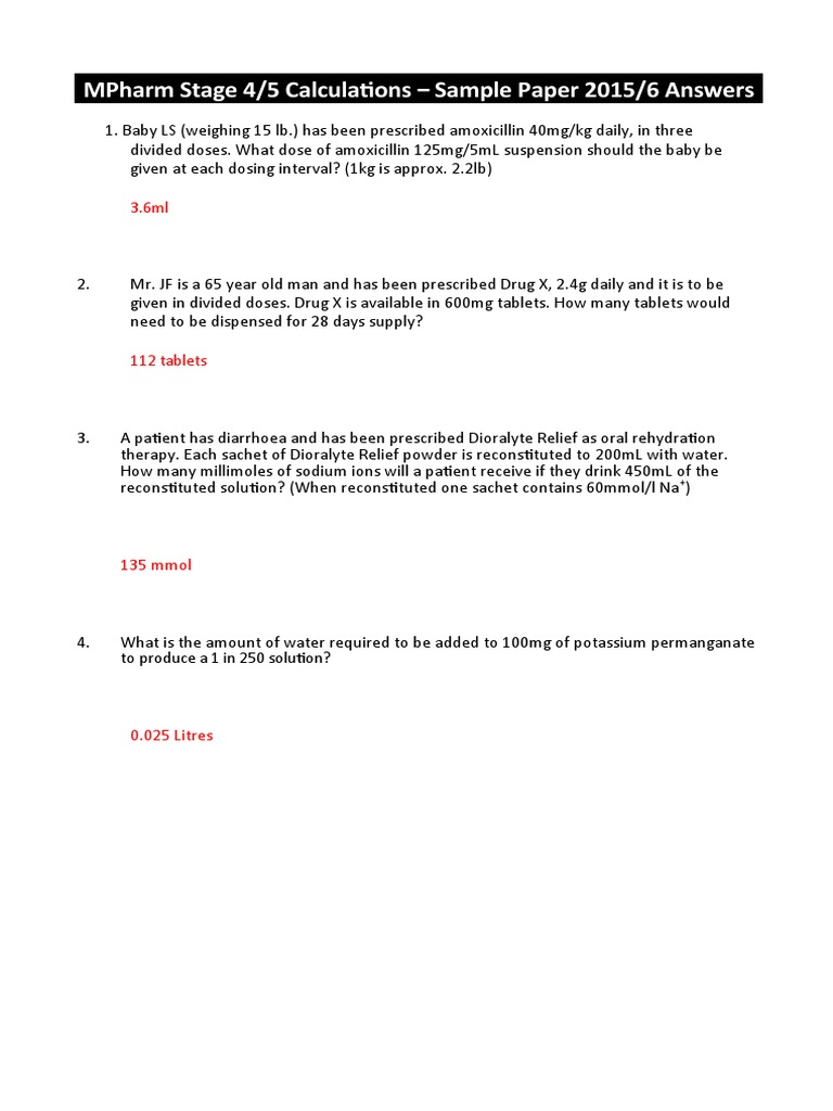 Pharmacy Calculations Sample Paper 2015/6 | PDF | Chemistry | Dose ...