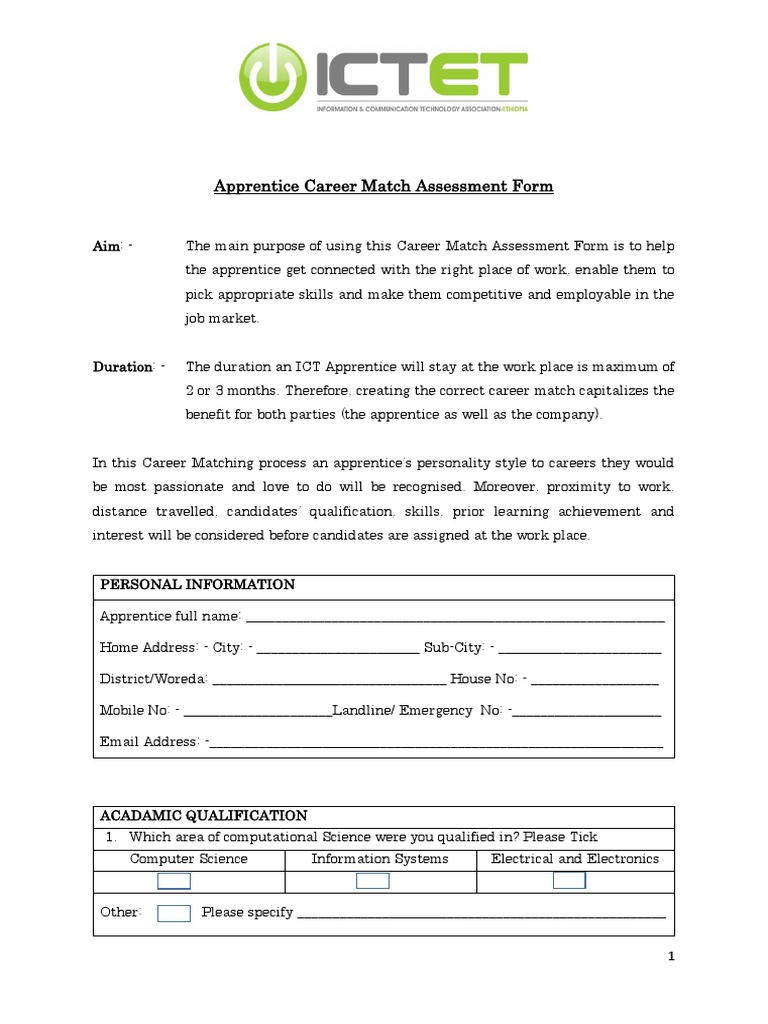 Career Match Assessment Form2 | PDF | Apprenticeship | Information ...