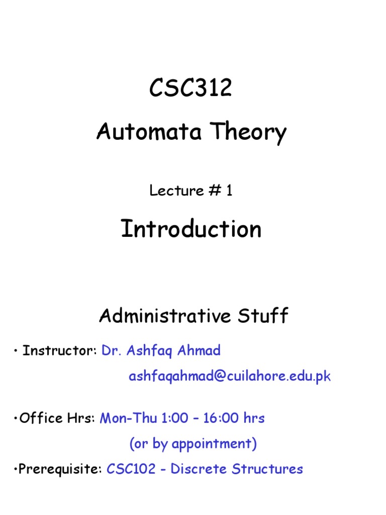 CSC312 Automata Theory: Lecture # 1 | PDF | Automata Theory | Teaching Mathematics