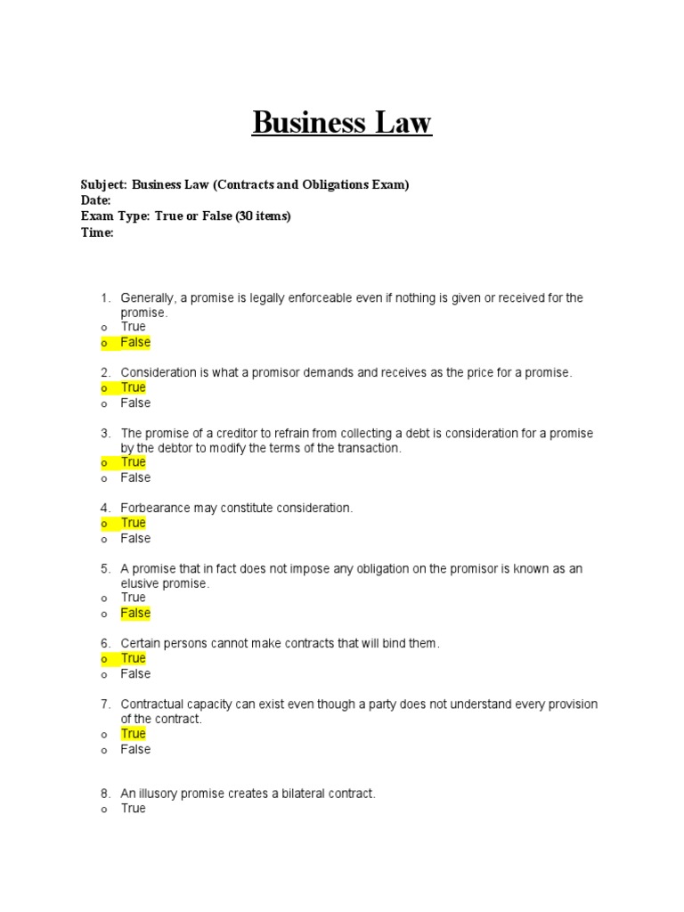 Business Law: Contracts Exam Guide | PDF | Consideration | Offer And ...