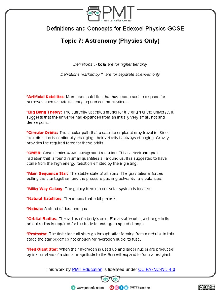 Definitions and Concepts For Edexcel Physics GCSE: Topic 7: Astronomy ...