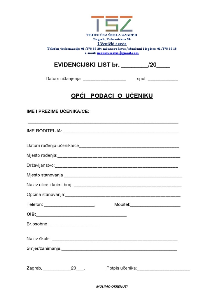Obrazac Opci Podaci o Uceniku 2018.g | PDF