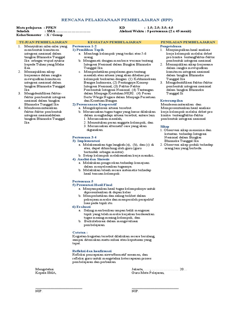 RPP Integrasi Nasional Dalam Bingkai Bhinneka Tunggal Ika | PDF