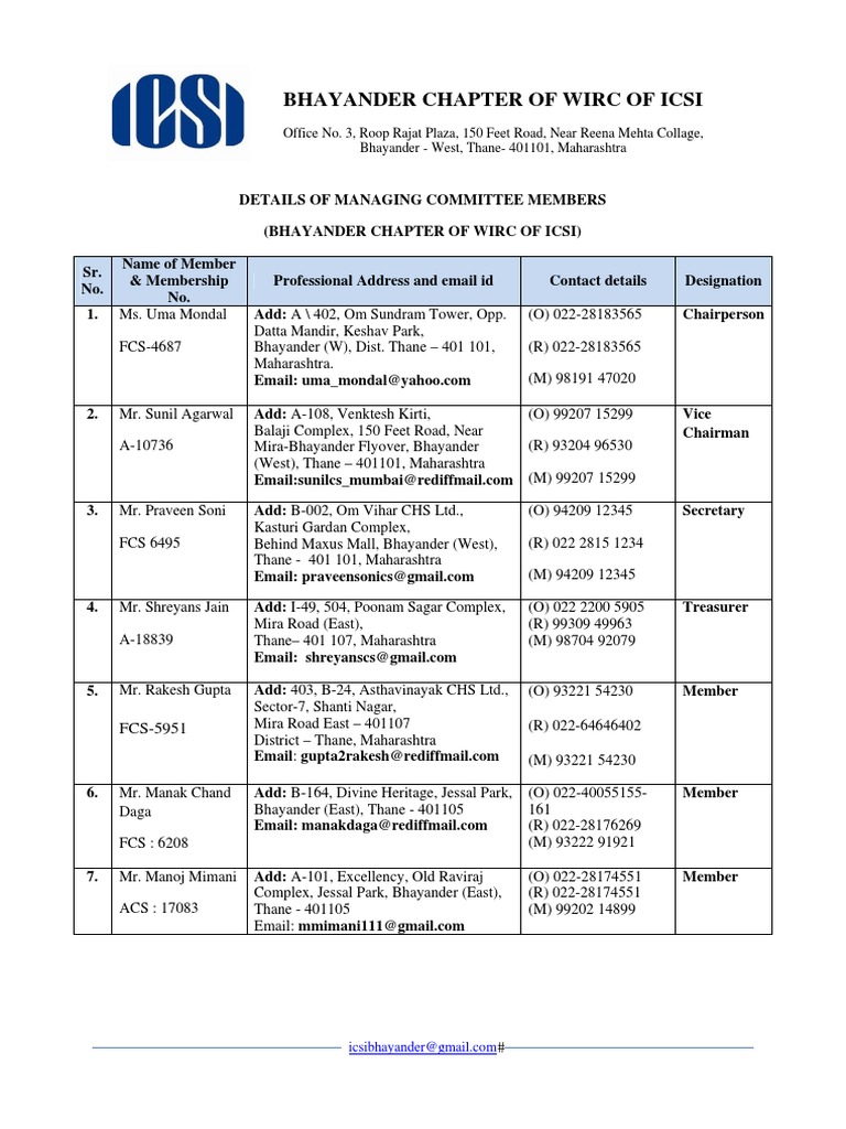 Bhayander Chapter of ICSI Details | PDF