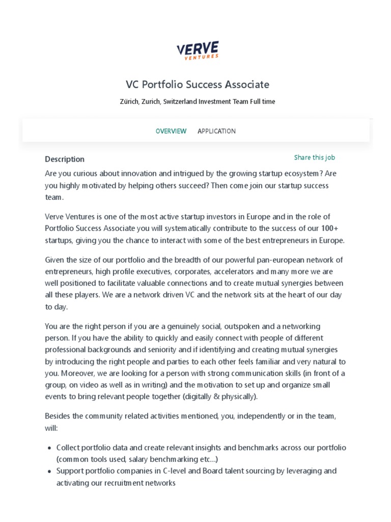 VC Portfolio Success Associate - Verve Ventures | PDF | Startup Company ...