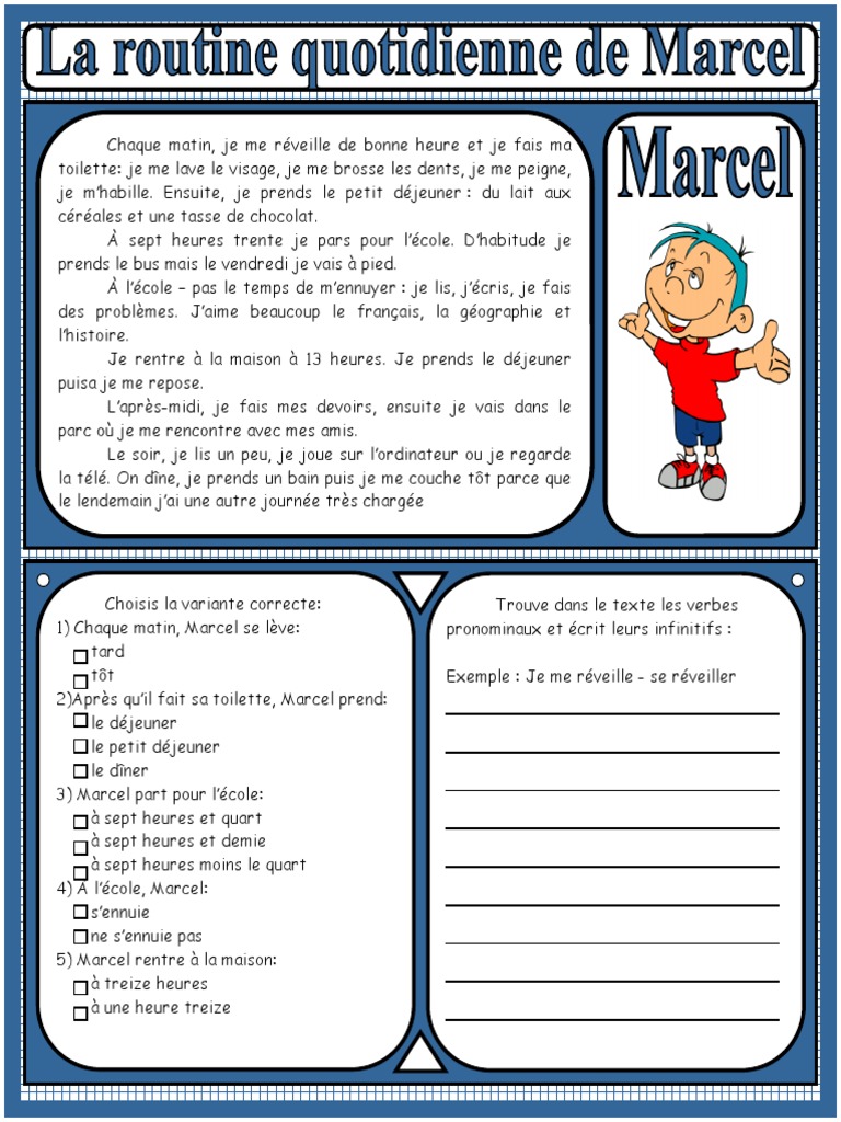 La Routine Quotidienne de Marcel Comprehension Ecrite Texte Questions Comprehension - 32044 | PDF