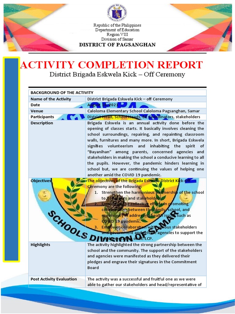 Activity Completion Report: District Brigada Eskwela Kick - Off ...