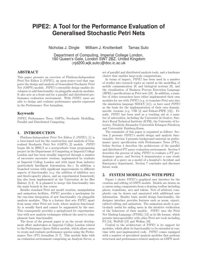 PIPE2. A Tool For The Performance Evaluation of Generalised Stochastic Petri Nets | PDF ...