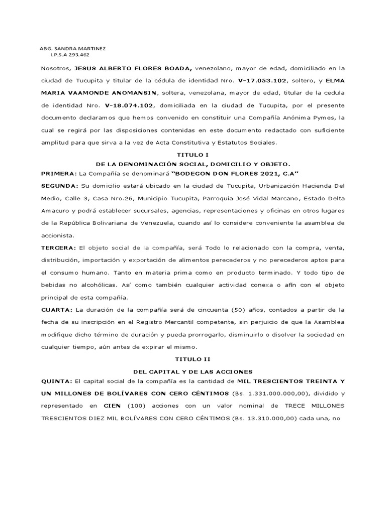 Acta Constitutiva Bodegon | PDF | Bancos | Compartir (Finanzas)