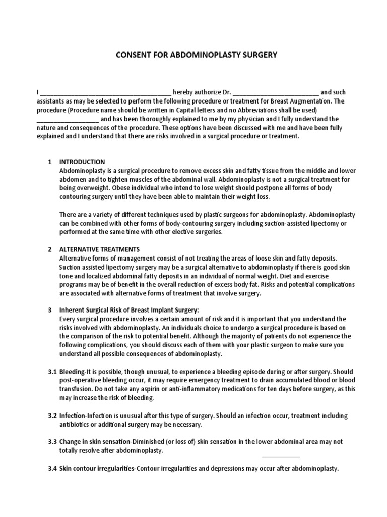Consent For Abdominoplasty | PDF | Surgery | Informed Consent